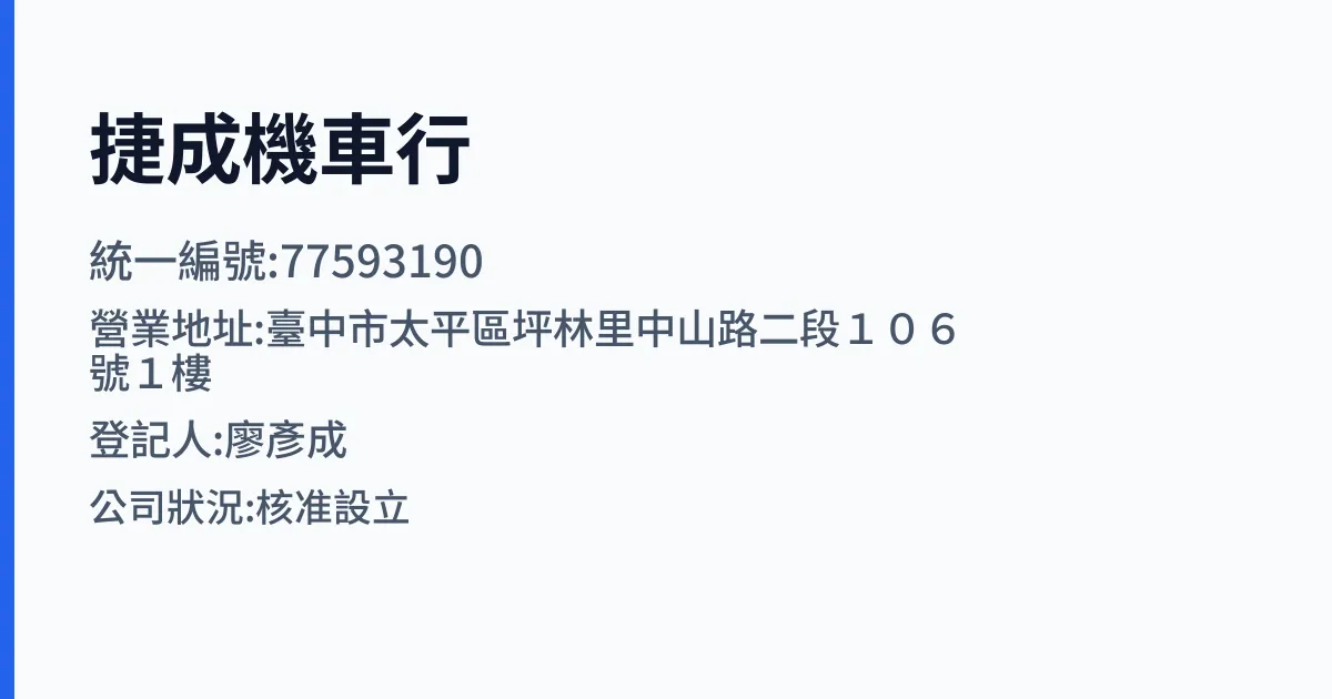 捷成機車行 - 統編 77593190(臺中市) 公司登記資料與營業項目詳細圖表
