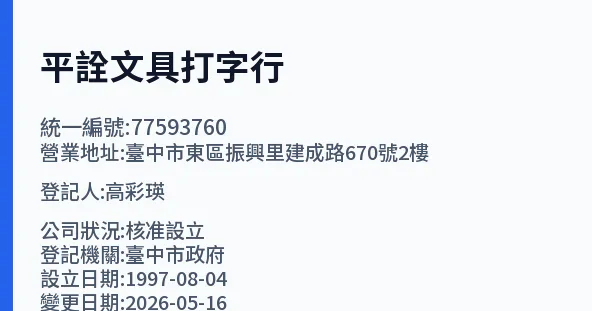 平詮文具打字行的照片-統編 77593760(臺中市) 公司登記資料與營業項目詳細圖表