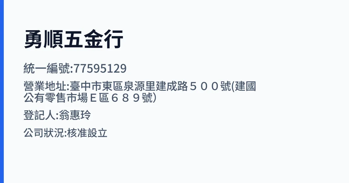 勇順五金行 - 統編 77595129（臺中市） 公司登記資料與營業項目詳細圖表