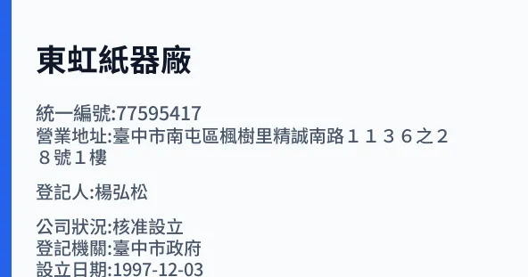 東虹紙器廠的照片-統編 77595417(臺中市) 公司登記資料與營業項目詳細圖表