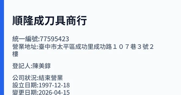 順隆成刀具商行的照片-統編 77595423(臺中市) 公司登記資料與營業項目詳細圖表