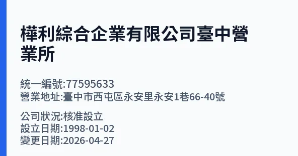 樺利綜合企業有限公司臺中營業所的照片-統編 77595633(臺中市) 公司登記資料與營業項目詳細圖表