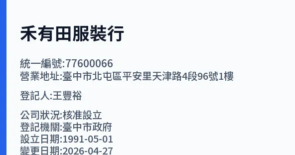 禾有田服裝行的照片-統編 77600066(臺中市) 公司登記資料與營業項目詳細圖表