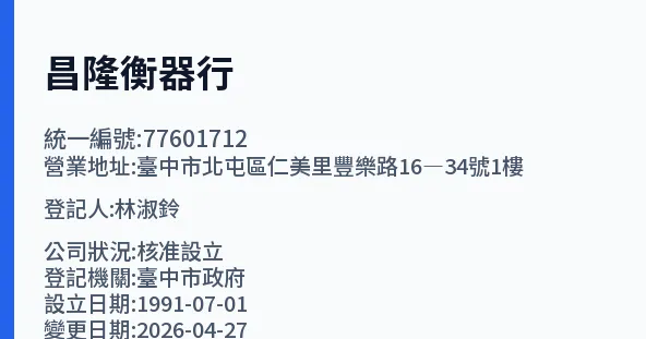 昌隆衡器行的照片-統編 77601712(臺中市) 公司登記資料與營業項目詳細圖表