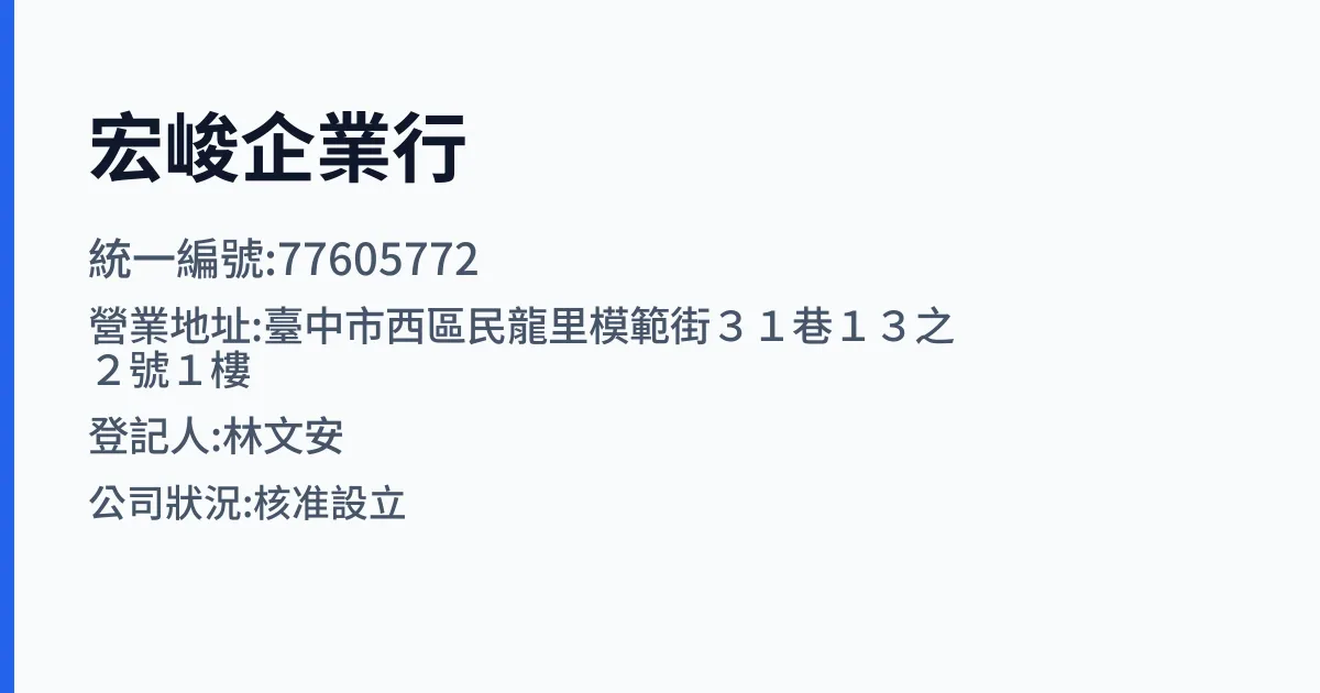宏峻企業行 - 統編 77605772(臺中市) 公司登記資料與營業項目詳細圖表