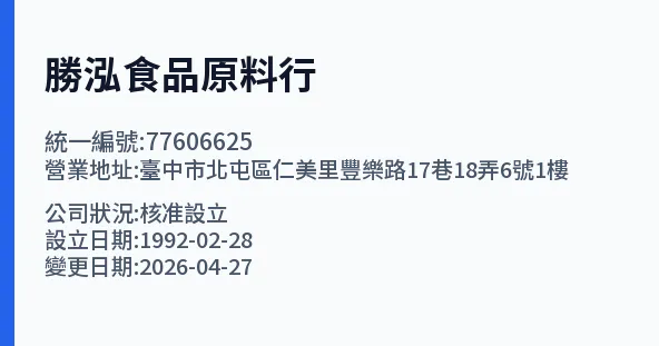 勝泓食品原料行的照片-統編 77606625(臺中市) 公司登記資料與營業項目詳細圖表