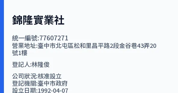 錦隆實業社的照片-統編 77607271(臺中市) 公司登記資料與營業項目詳細圖表