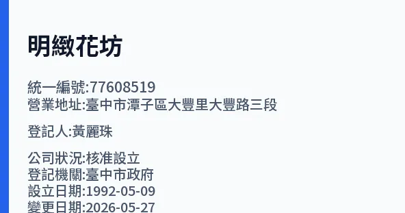 明緻花坊的照片-統編 77608519(臺中市) 公司登記資料與營業項目詳細圖表