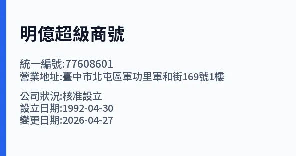 明億超級商號的照片-統編 77608601(臺中市) 公司登記資料與營業項目詳細圖表