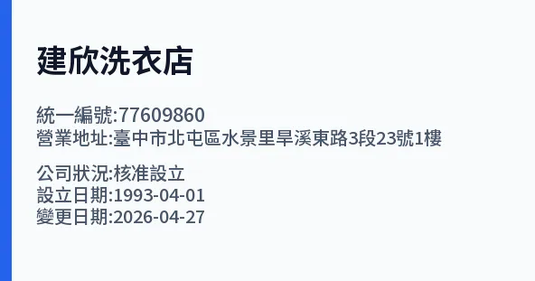 建欣洗衣店的照片-統編 77609860(臺中市) 公司登記資料與營業項目詳細圖表