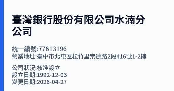 臺灣銀行股份有限公司水湳分公司的照片-統編 77613196(臺中市) 公司登記資料與營業項目詳細圖表