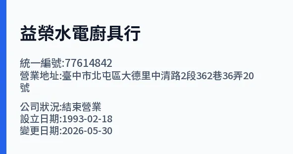 益榮水電廚具行的照片-統編 77614842(臺中市) 公司登記資料與營業項目詳細圖表