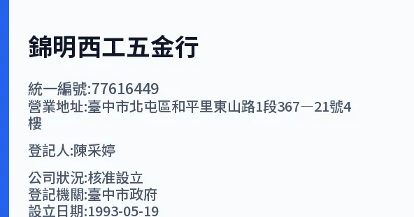 錦明西工五金行的照片-統編 77616449(臺中市) 公司登記資料與營業項目詳細圖表