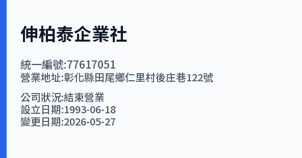 伸柏泰企業社的照片-統編 77617051(彰化縣) 公司登記資料與營業項目詳細圖表
