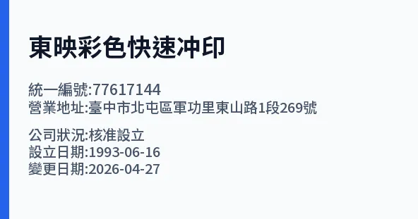 東映彩色快速冲印的照片-統編 77617144(臺中市) 公司登記資料與營業項目詳細圖表