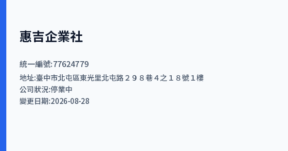 惠吉企業社的照片-統編 77624779(臺中市) 公司登記資料與營業項目詳細圖表