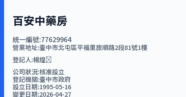 百安中藥房的照片-統編 77629964(臺中市) 公司登記資料與營業項目詳細圖表
