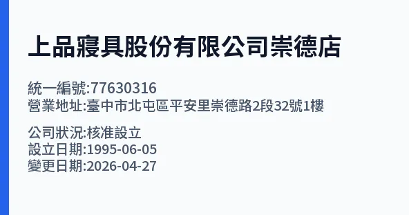 上品寢具股份有限公司崇德店的照片-統編 77630316(臺中市) 公司登記資料與營業項目詳細圖表
