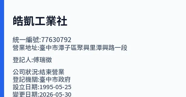 皓凱工業社的照片-統編 77630792(臺中市) 公司登記資料與營業項目詳細圖表