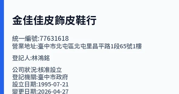 金佳佳皮飾皮鞋行的照片-統編 77631618(臺中市) 公司登記資料與營業項目詳細圖表