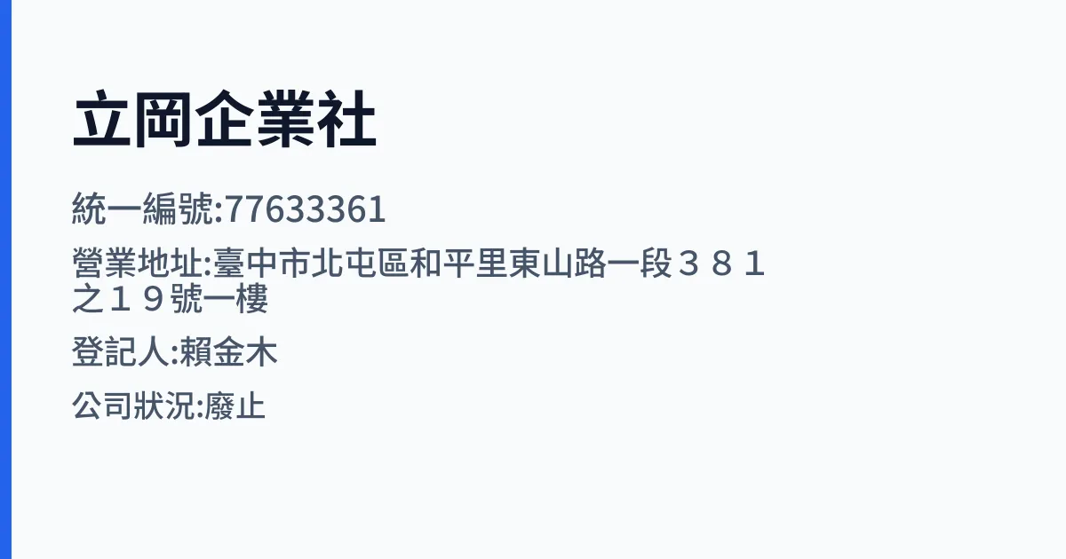 立岡企業社 - 統編 77633361(臺中市) 公司登記資料與營業項目詳細圖表