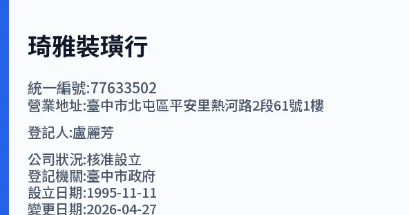 琦雅裝璜行的照片-統編 77633502(臺中市) 公司登記資料與營業項目詳細圖表