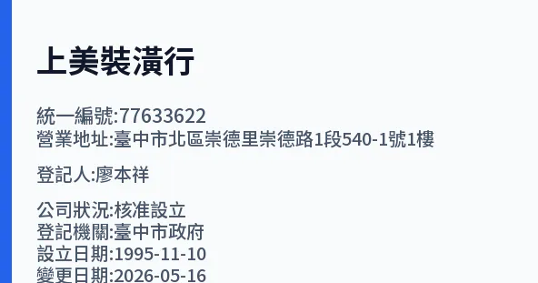 上美裝潢行的照片-統編 77633622(臺中市) 公司登記資料與營業項目詳細圖表