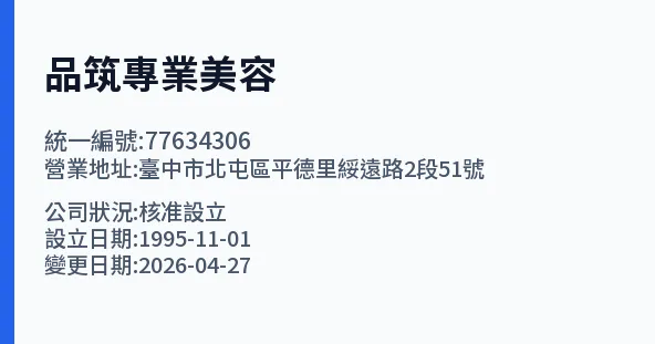 品筑專業美容的照片-統編 77634306(臺中市) 公司登記資料與營業項目詳細圖表