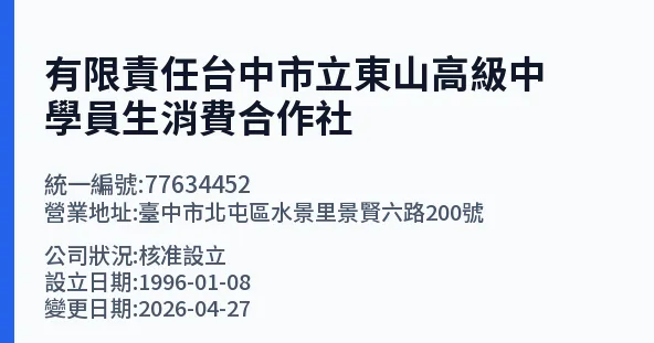 有限責任台中市立東山高級中學員生消費合作社的照片-統編 77634452(臺中市) 公司登記資料與營業項目詳細圖表