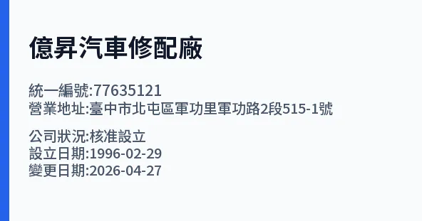 億昇汽車修配廠的照片-統編 77635121(臺中市) 公司登記資料與營業項目詳細圖表