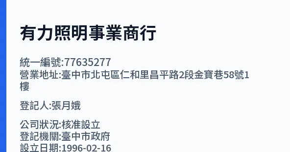有力照明事業商行的照片-統編 77635277(臺中市) 公司登記資料與營業項目詳細圖表
