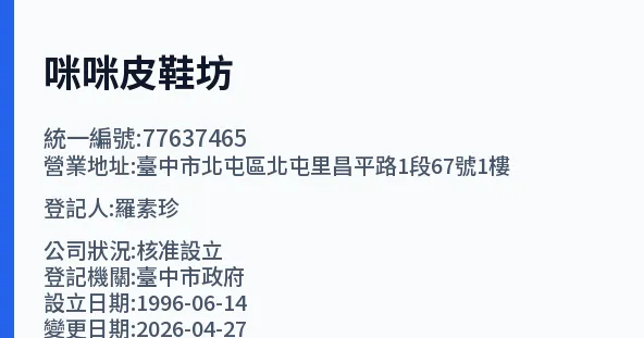 咪咪皮鞋坊的照片-統編 77637465(臺中市) 公司登記資料與營業項目詳細圖表