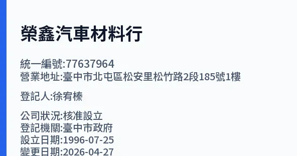 榮鑫汽車材料行的照片-統編 77637964(臺中市) 公司登記資料與營業項目詳細圖表