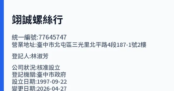 翊誠螺絲行的照片-統編 77645747(臺中市) 公司登記資料與營業項目詳細圖表