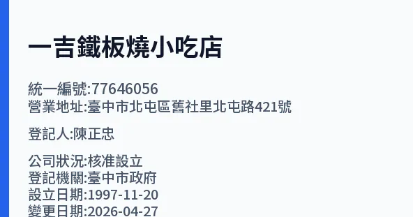 一吉鐵板燒小吃店的照片-統編 77646056(臺中市) 公司登記資料與營業項目詳細圖表