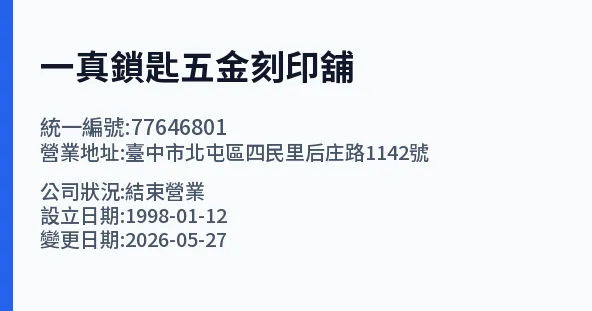 一真鎖匙五金刻印舖的照片-統編 77646801(臺中市) 公司登記資料與營業項目詳細圖表