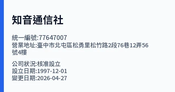 知音通信社的照片-統編 77647007(臺中市) 公司登記資料與營業項目詳細圖表