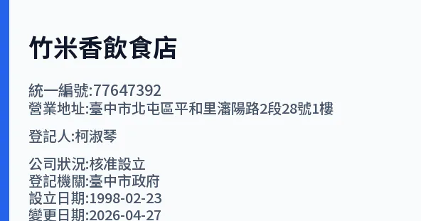 竹米香飲食店的照片-統編 77647392(臺中市) 公司登記資料與營業項目詳細圖表