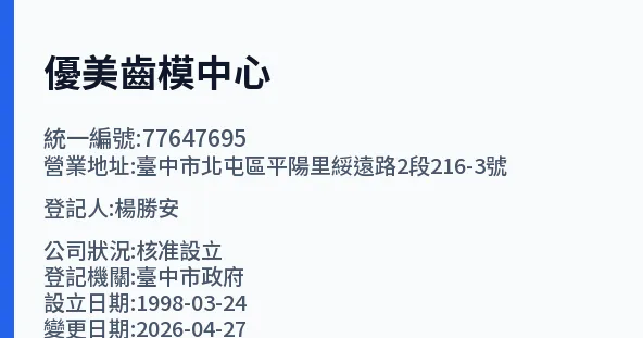 優美齒模中心的照片-統編 77647695(臺中市) 公司登記資料與營業項目詳細圖表