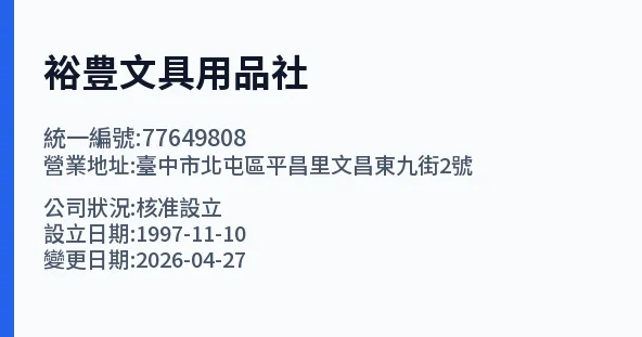裕豊文具用品社的照片-統編 77649808(臺中市) 公司登記資料與營業項目詳細圖表
