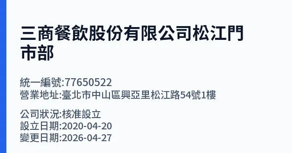 三商餐飲股份有限公司松江門市部的照片-統編 77650522(臺北市) 公司登記資料與營業項目詳細圖表