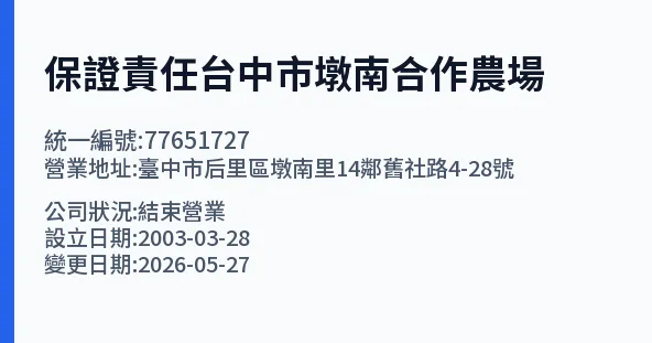 保證責任台中市墩南合作農場的照片-統編 77651727(臺中市) 公司登記資料與營業項目詳細圖表
