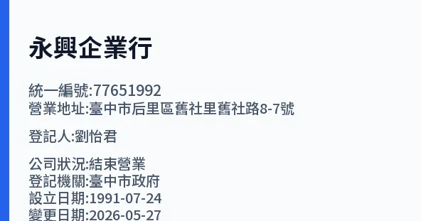 永興企業行的照片-統編 77651992(臺中市) 公司登記資料與營業項目詳細圖表
