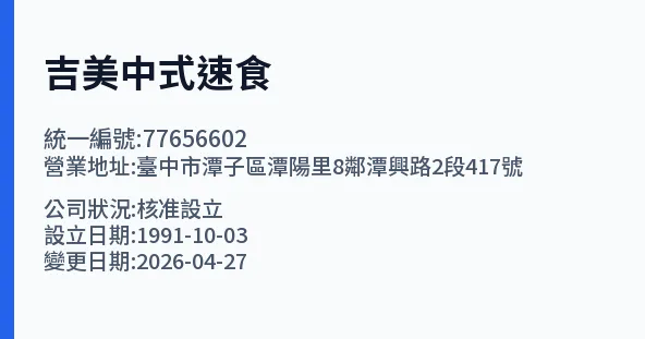 吉美中式速食的照片-統編 77656602(臺中市) 公司登記資料與營業項目詳細圖表