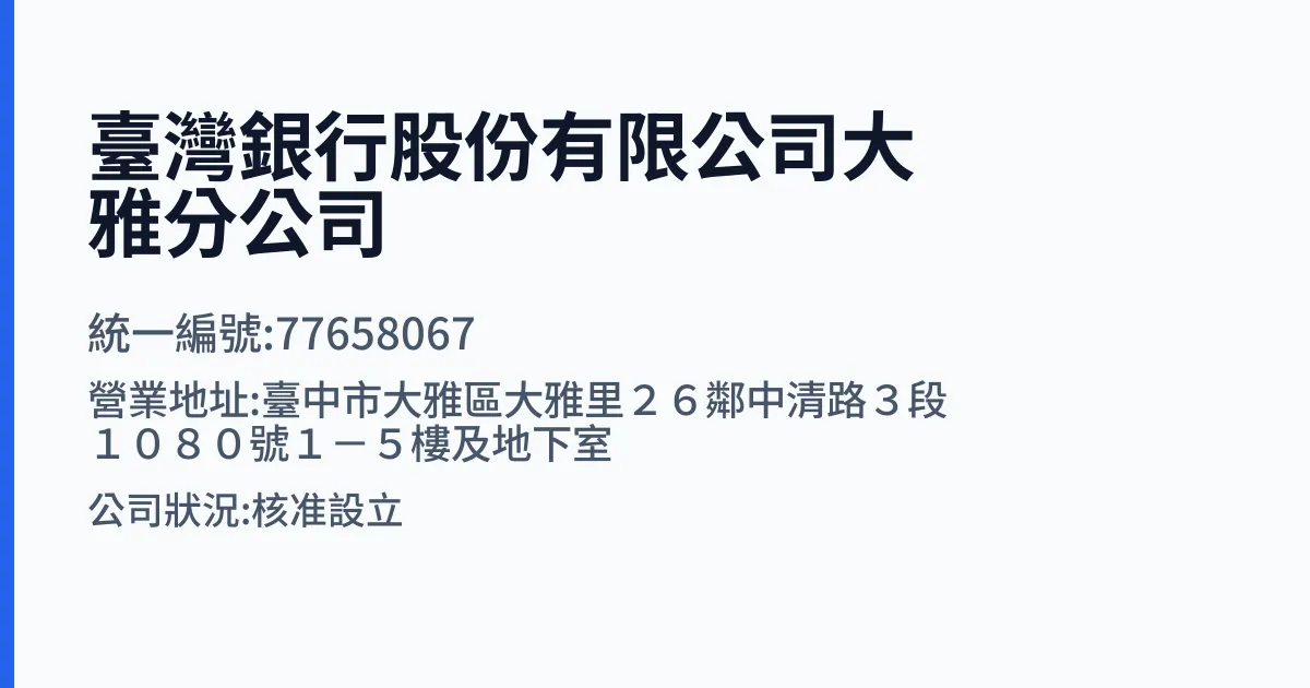 臺灣銀行股份有限公司大雅分公司 - 統編 77658067(臺中市) 公司登記資料與營業項目詳細圖表