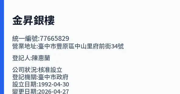 金昇銀樓的照片-統編 77665829(臺中市) 公司登記資料與營業項目詳細圖表