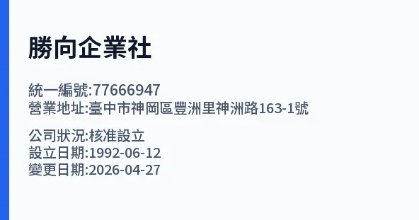勝向企業社的照片-統編 77666947(臺中市) 公司登記資料與營業項目詳細圖表
