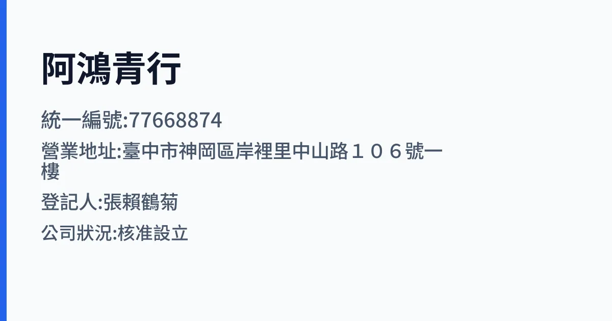 阿鴻青行 - 統編 77668874(臺中市) 公司登記資料與營業項目詳細圖表