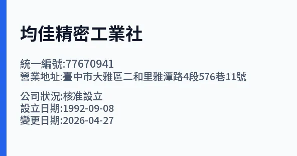 均佳精密工業社的照片-統編 77670941(臺中市) 公司登記資料與營業項目詳細圖表