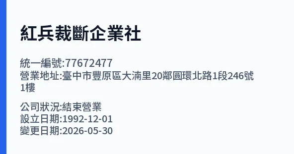 紅兵裁斷企業社的照片-統編 77672477(臺中市) 公司登記資料與營業項目詳細圖表